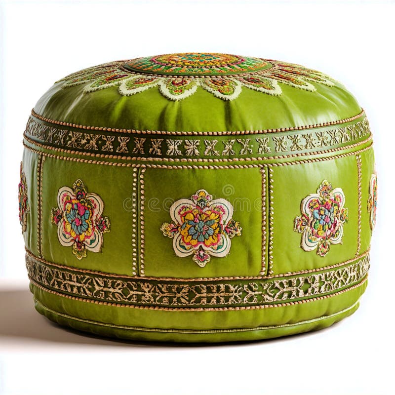 A Green Ottoman with Floral Designs on a White Backdrop Stock ...