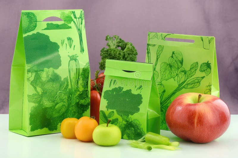 Green Packaging with Vegetable and Fruit Drawings on the Background ...