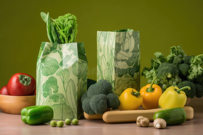 Green Packaging with Vegetable and Fruit Drawings on the Background ...