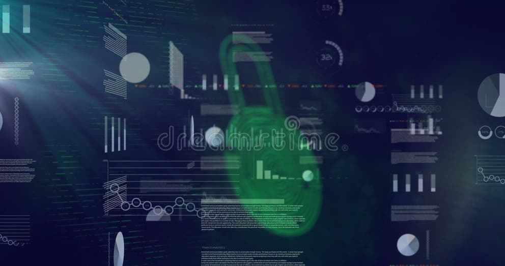 Green Padlock and Fingerprint Image Over Digital Data and Graphs Stock ...
