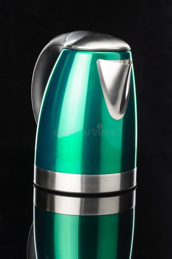 Green Stainless Steel Kettle on Black Mirror Background with Open Lid ...