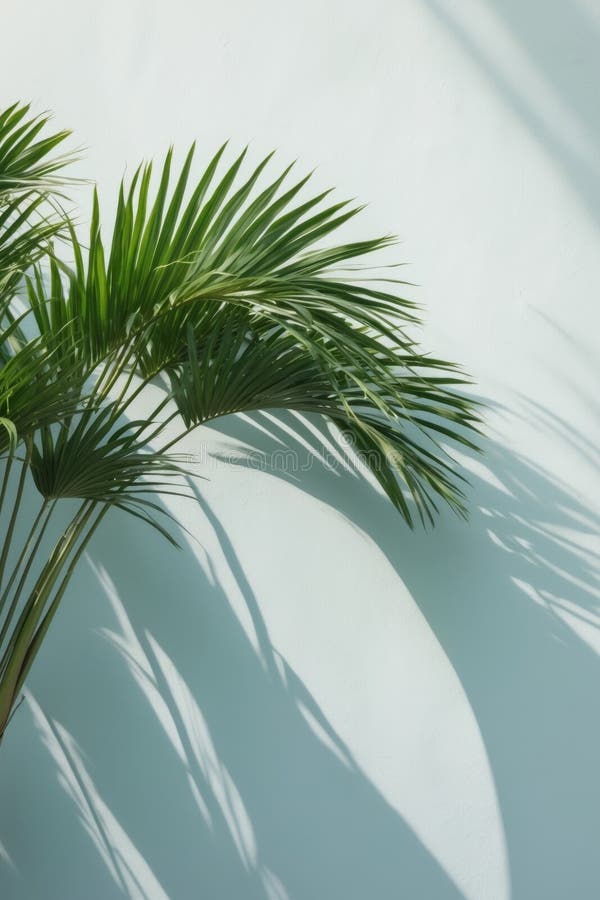 Green Palm Leaves Cast Shadows on a Light Blue Wall. Stock Image ...