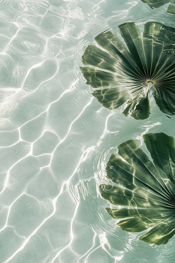 Green Palm Leaves Floating on Clear Shimmering Blue Water. Stock ...