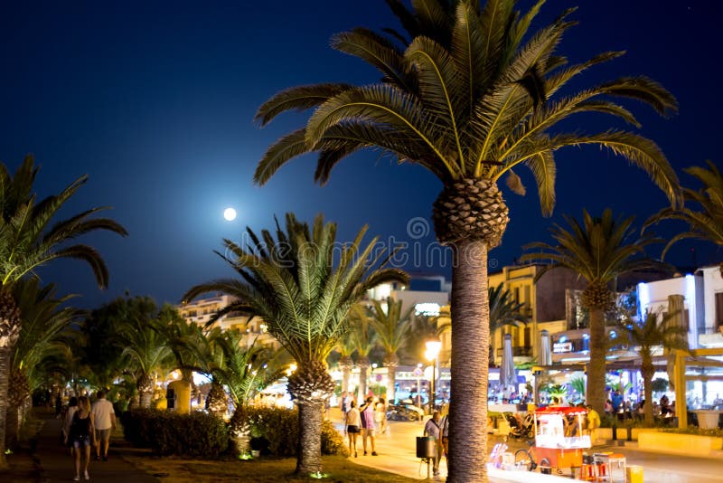 Green Palms by Moonlight, Promenade on Crete Editorial Stock Image ...
