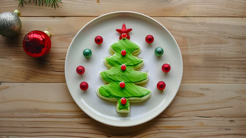 Green Pancake Styled As a Christmas Tree with Red and Green Decorations ...