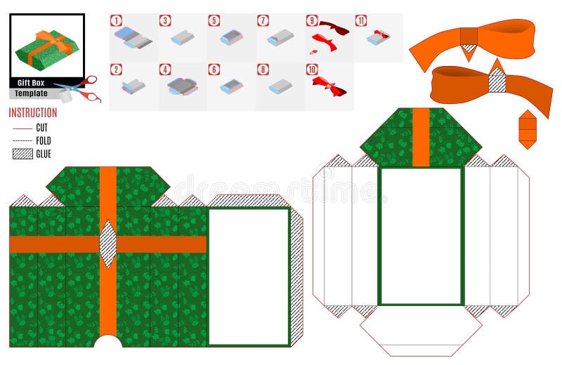 Green Paper Box Template Gift with Bow and Ribbon Stock Illustration ...