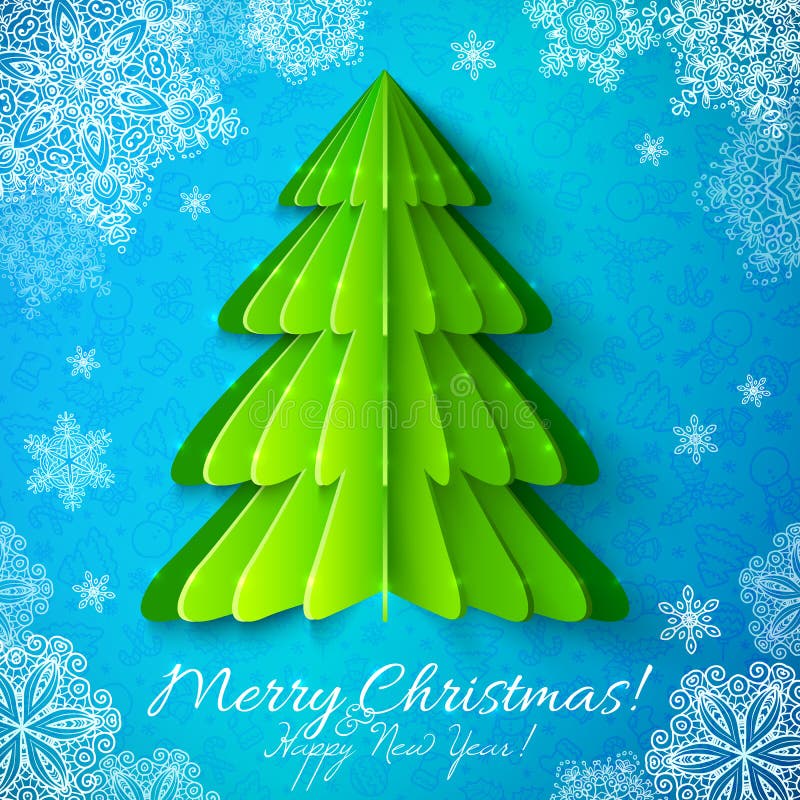 Green Paper Christmas Tree on Blue Background Stock Vector ...