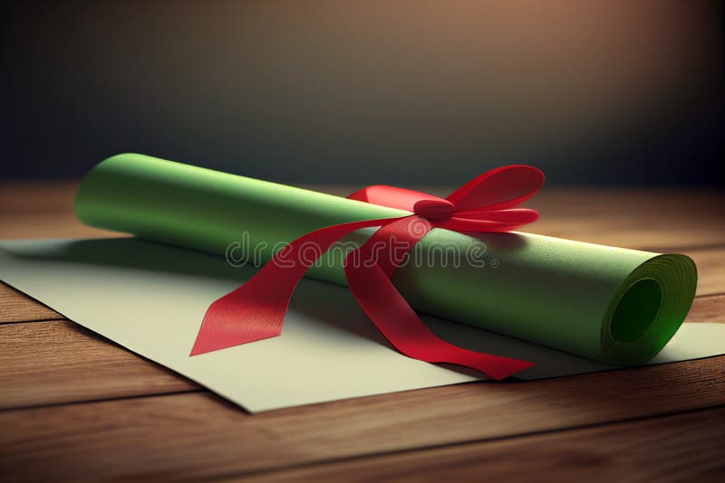 Green Paper Scroll, Certificate and Red Ribbon. Generative AI Stock ...