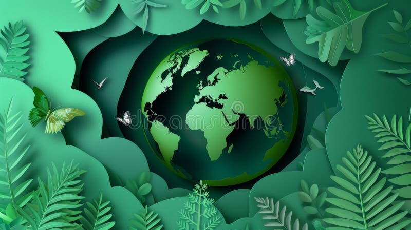 Green Papercut Planet with Nature Environment Inside. Modern 3d Earth ...