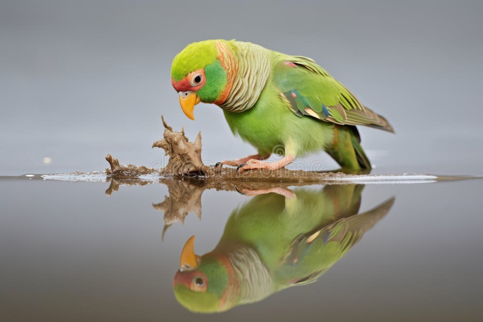Green Parakeet Pecking at Own Reflection Stock Illustration ...