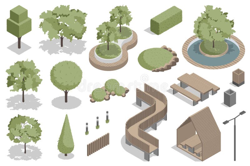 Green Park Isometric Elements Constructor Mega Set. Creator Kit with Flat Graphic Trees and ...