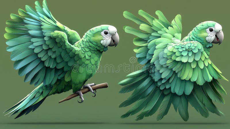 Green Parrot Bird Standing on Branch and Flying Stock Photo - Image of ...