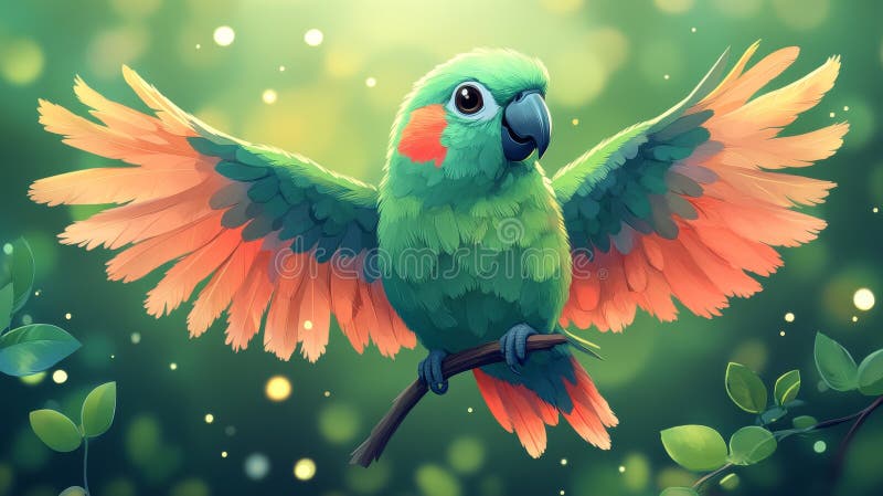Green Parrot Bird Standing on Branch Stock Photo - Image of bird, birds ...