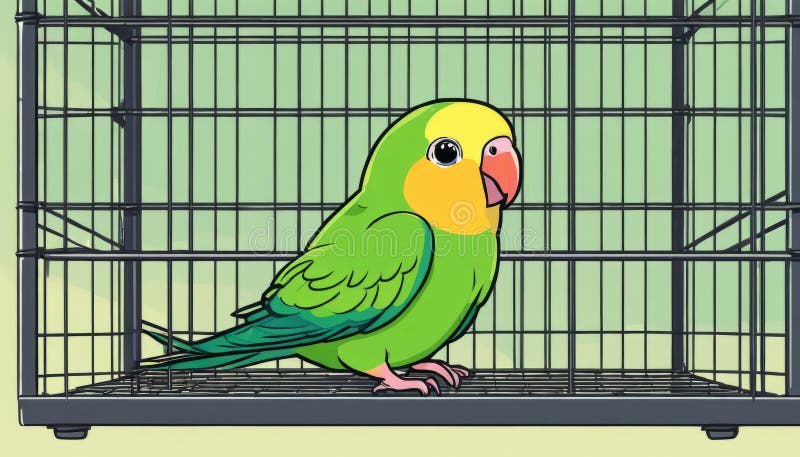 A green parrot in a cage stock illustration. Illustration of bird ...