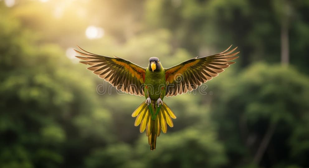 Green Parrot in Flight through Lush Jungle Stock Illustration ...