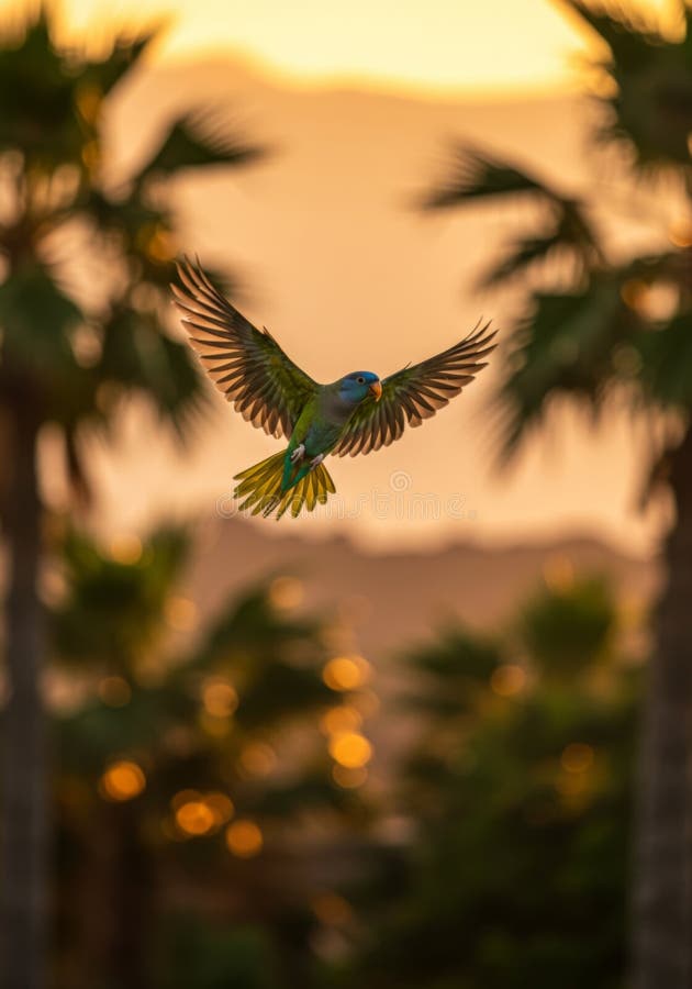 Green Parrot in Flight at Sunset with Palm Trees Stock Illustration ...