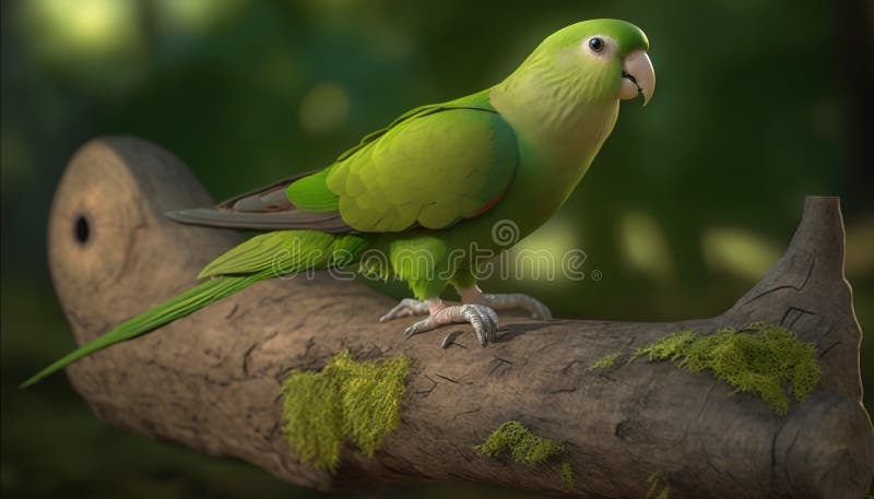 A Green Parrot Sitting on a Tree Branch with Moss on it Stock ...