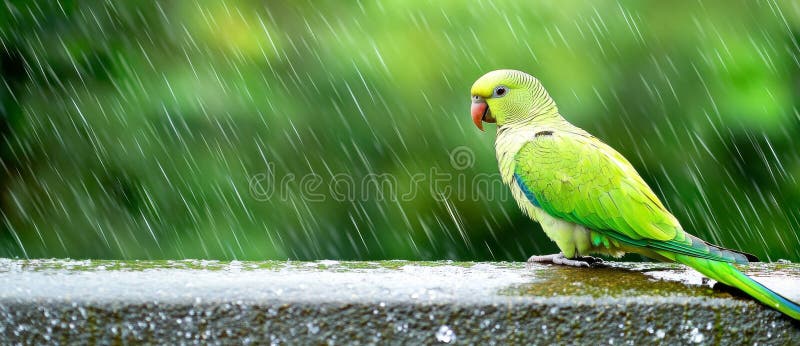 A Green Parrot Taking a Rejuvenating Shower in the Rain, with Space for ...