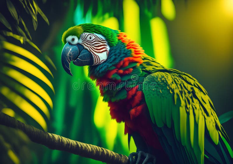 A Green Parrot Sitting Next Waterfall in the Rainforest.Generative Al ...