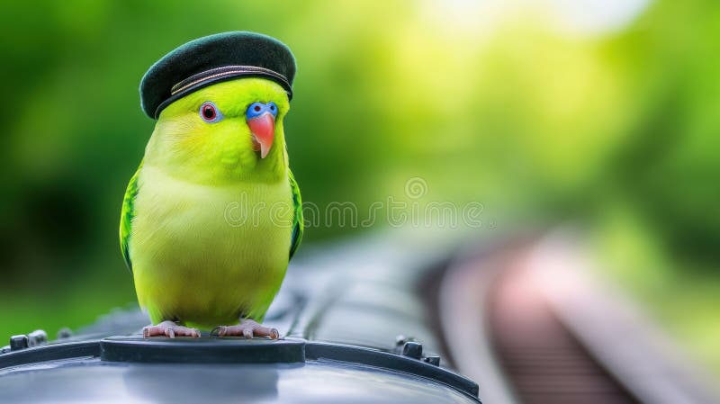A Green Parrot Wearing a Hat Sitting on Top of the Train, AI Stock ...
