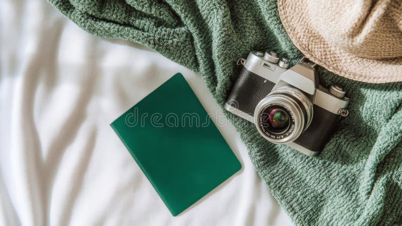 Green Passport and Vintage Camera on Green and Beige Fabric Stock ...