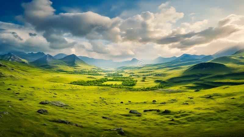 Green Pastures in the Highlands Landscape Stock Illustration ...