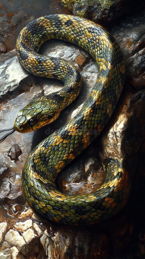 Green Patterned Snake Resting by a Water Source in a Natural Habitat ...