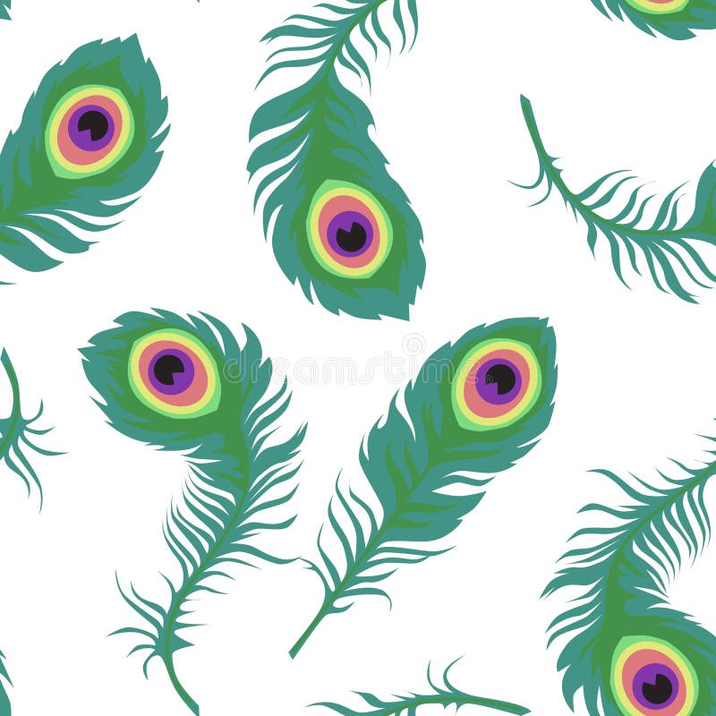Green Peacock Feathers on White, Seamless Pattern, Cartoon Vector Stock ...