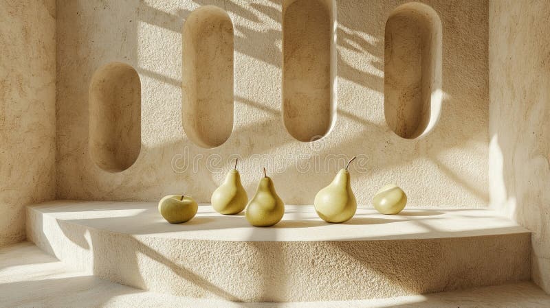 Green Pears and Apple on Beige Textured Surface Stock Illustration ...