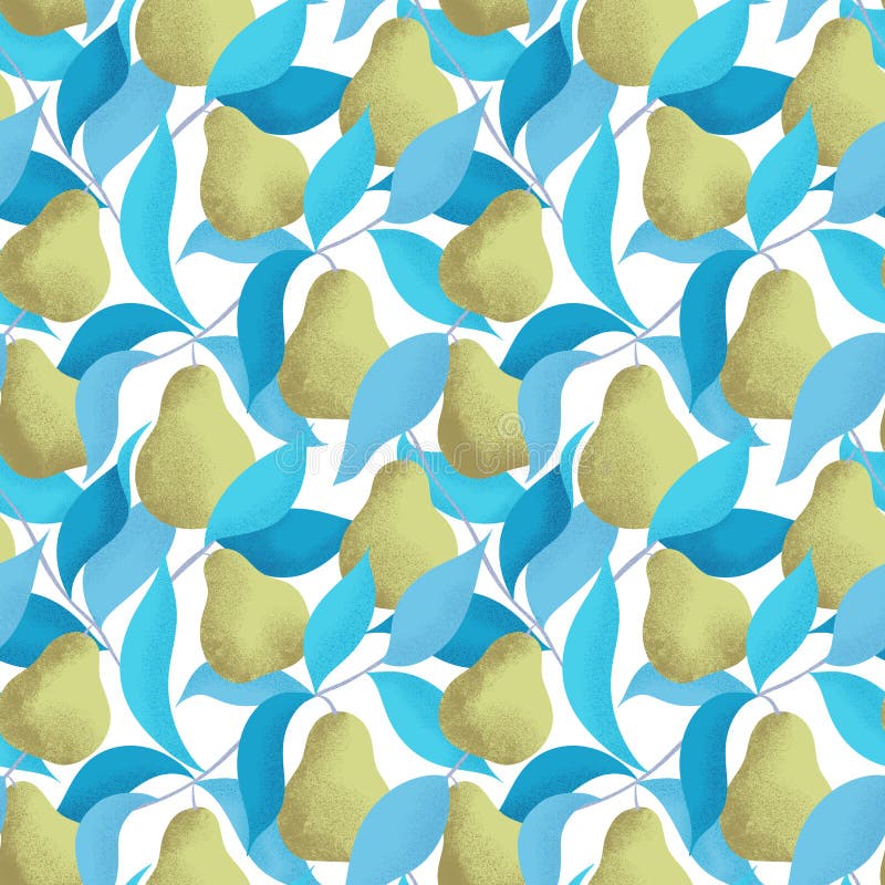Green Pears with Blue Leaves. Seamless Pattern on a White Background ...