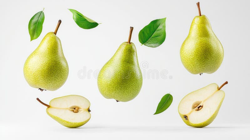 Green Pears Float with Leaves on Clean White Background Design Stock ...