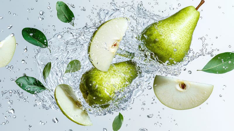 Green Pears Splash in Clear Water with Floating Leaves Stock Image ...