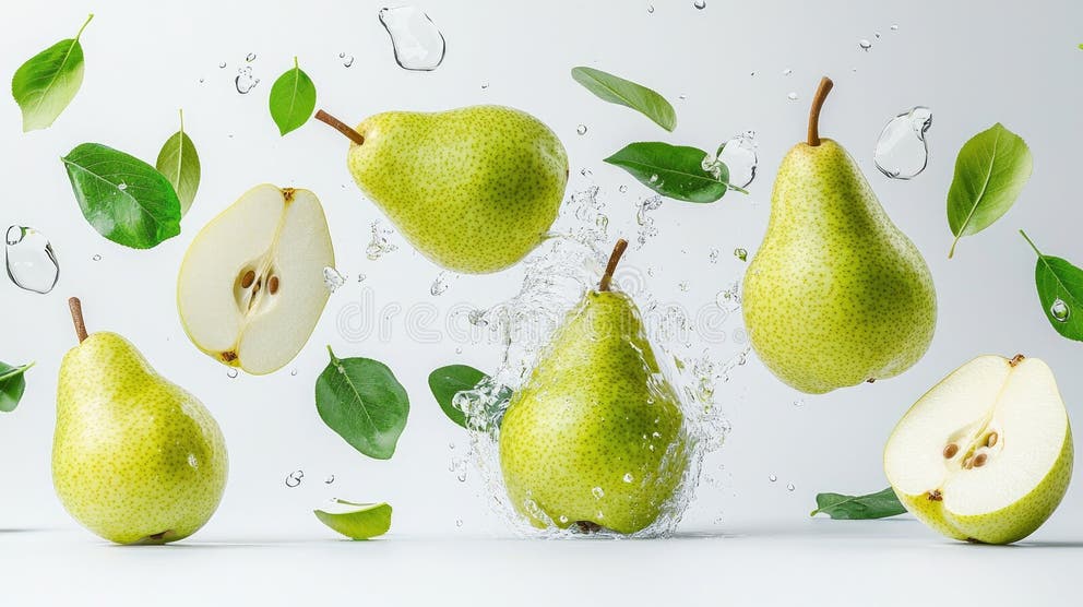 Green Pears Splash in Clear Water with Floating Leaves Stock Photo ...