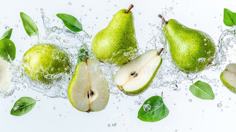 Green Pears Splash in Clear Water with Floating Leaves Stock Image ...