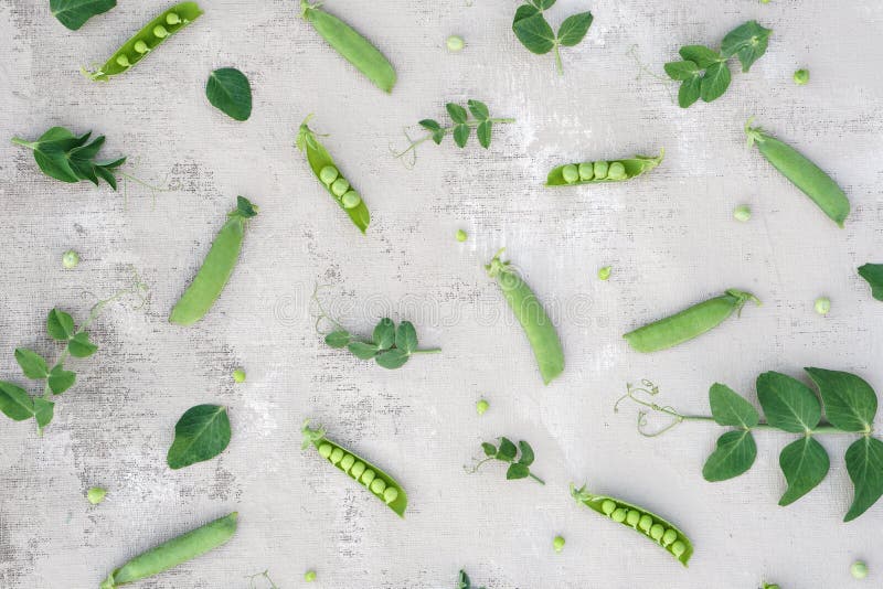 Green Peas and Leaves Pattern. Flat Lay Photo Composition Stock Image ...