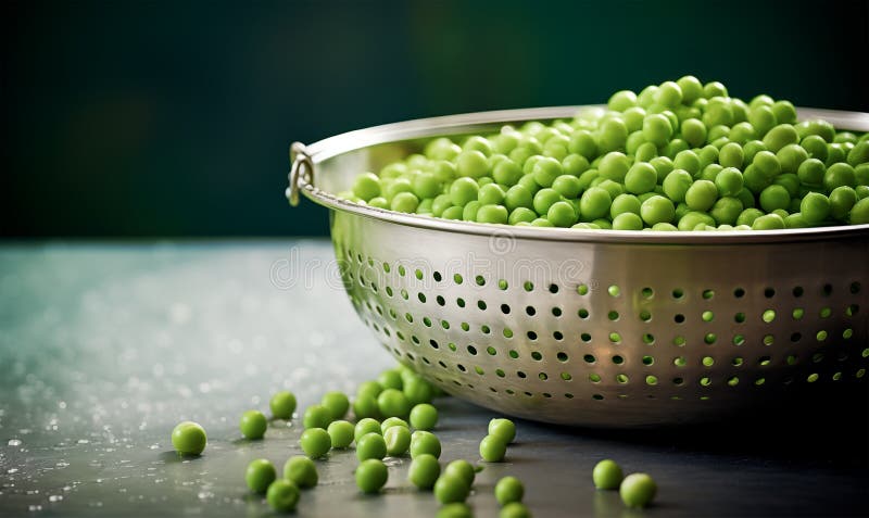 Green Peas in a Metal Colander with Water Drops Stock Image - Image of ...