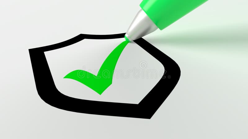 Green Pen Setting a Checkmark in a Black Shield Symbol Stock ...