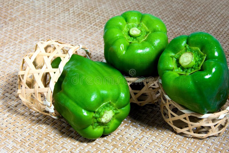 Green Pepper Went into a Small Bamboo Basket Stock Photo - Image of ...