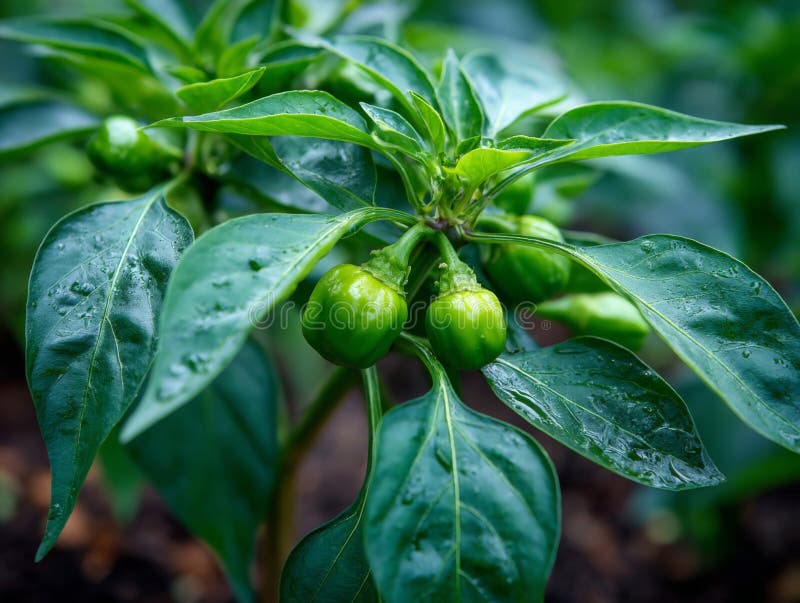 Green Peppers Growing on a Plant Stock Illustration - Illustration of ...