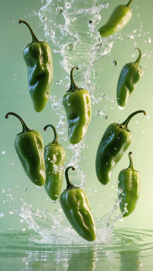 Green Peppers Splashing into Water, Creating a Vibrant, Refreshing ...