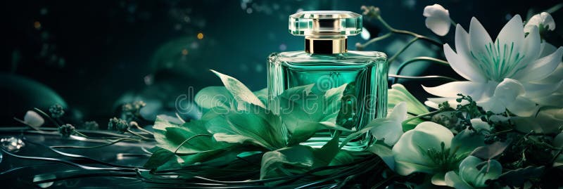 Green Perfume Bottle and Beautiful Flowers on a Green Background Stock ...