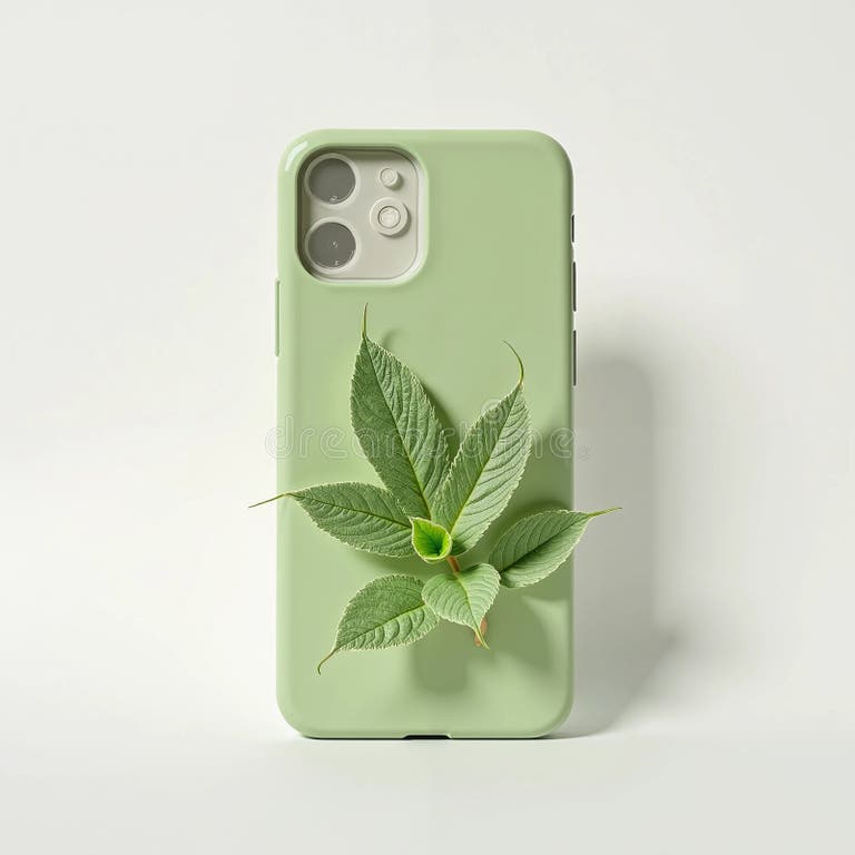 Green Phone Case with a Leaf-inspired Pattern Standing Upright on a ...
