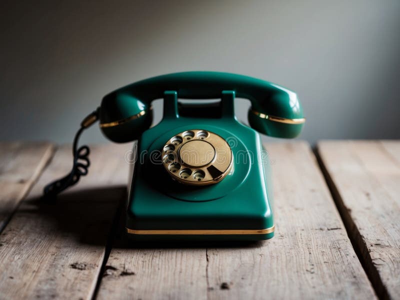 A Green Phone with a Gold Dial Sits on a Wooden Table. Stock Photo ...