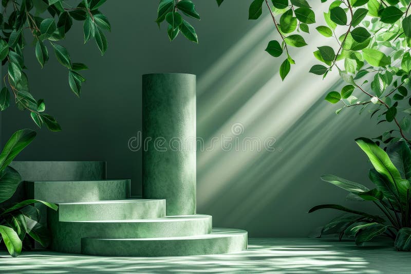 Green Pillar is Illuminated by Bright Light Creating Contrast between ...