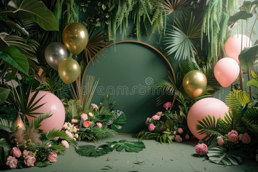 A Green and Pink Jungle Scene with a Large Green Circle in the Middle ...