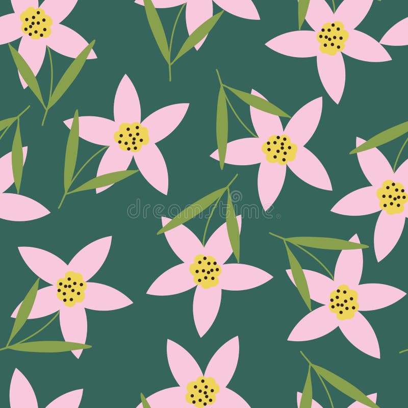 Green with Pink Whimsical Flowers Seamless Pattern Background Design ...