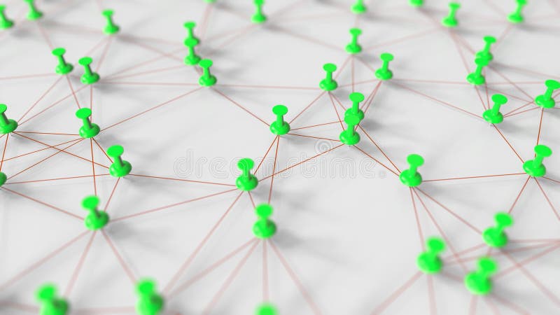 Green Pushpins and Threads Compose a Network on a Pinboard 3D Rendering ...