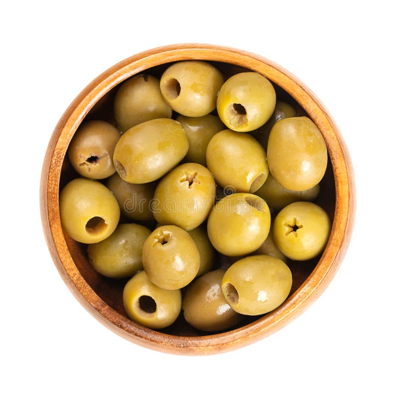 Pitted Green Olives, Semi-ripe Olives from Italy, in a Wooden Bowl ...