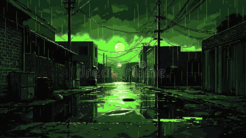 Green Pixel Art of Rainy Urban Street with Reflections at Night ...