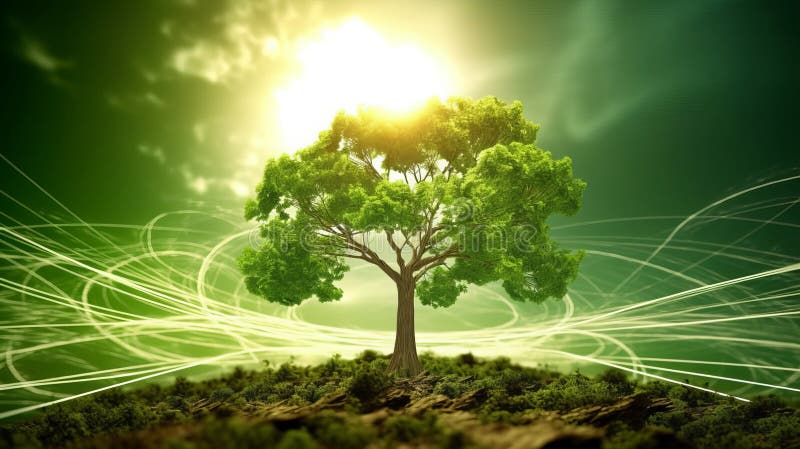 Green Planet Concept - Green Tree with Power Lines and Sunshine Around ...
